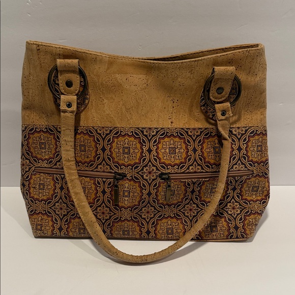 cork | Bags | Elegant Patterned Tan And Brown Tote Bag | Poshmark